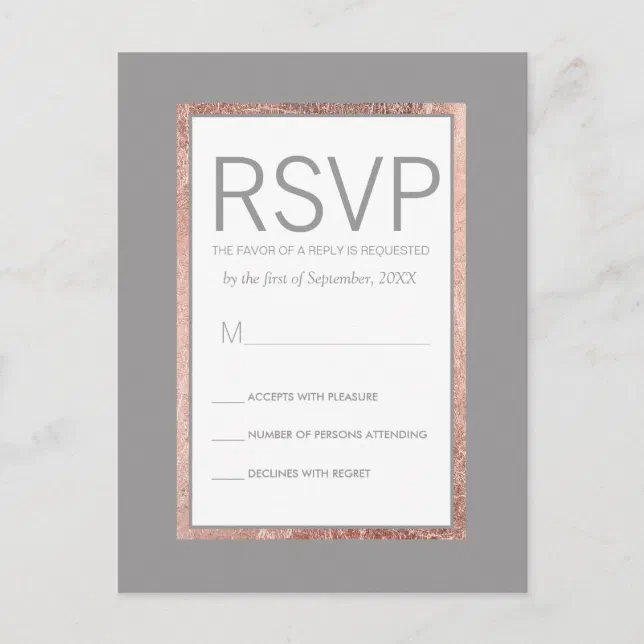 Simple Rose Gold Frame Slate Gray RSVP Invitation Postcard | Zazzle