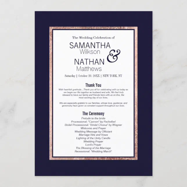 Simple Rose Gold Lined Navy Blue Wedding Program | Zazzle