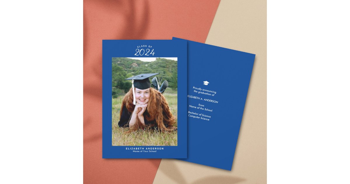 Simple Royal Blue Class of 2024 Graduation Photo Announcement | Zazzle