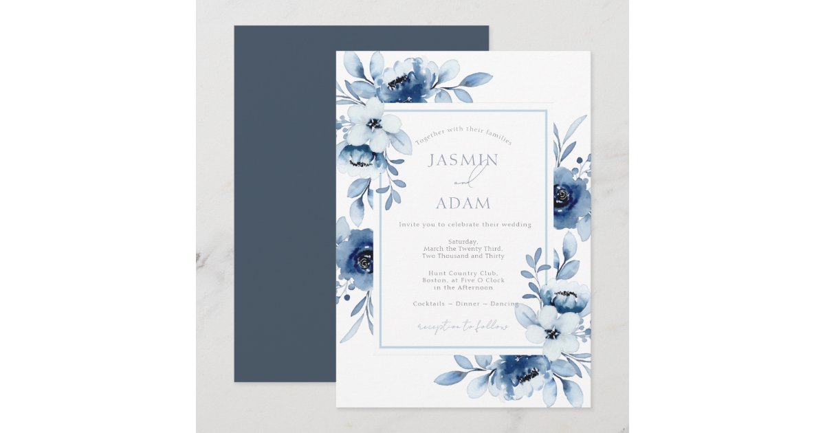 Simple Royal Blue Opulence Floral Wedding Invitation | Zazzle