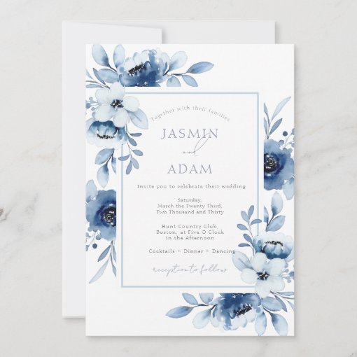 Simple Royal Blue Opulence Floral Wedding Invitation | Zazzle