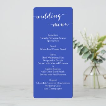Simple Royal Blue Wedding Menu Cards | Zazzle