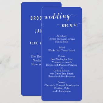 Simple Royal Blue Wedding Menu Cards | Zazzle