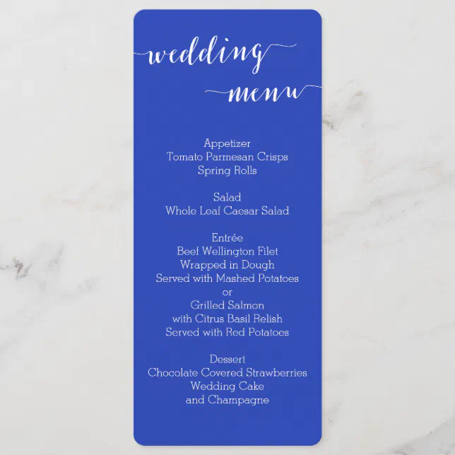 Simple Royal Blue Wedding Menu Cards | Zazzle