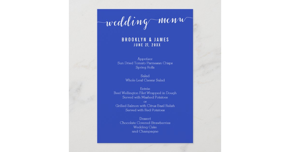 Simple Royal Blue Wedding Menu Cards | Zazzle