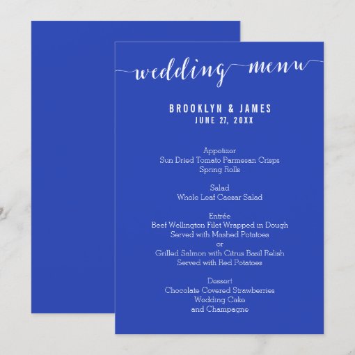 Simple Royal Blue Wedding Menu Cards | Zazzle