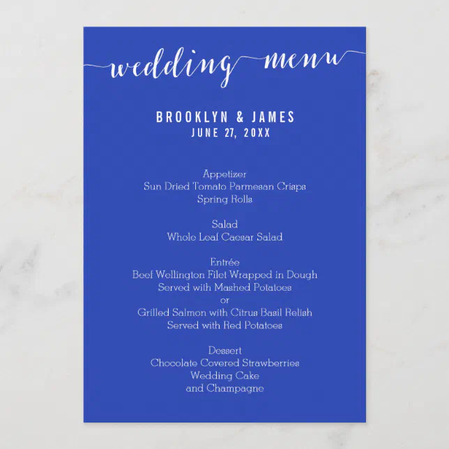 Simple Royal Blue Wedding Menu Cards | Zazzle