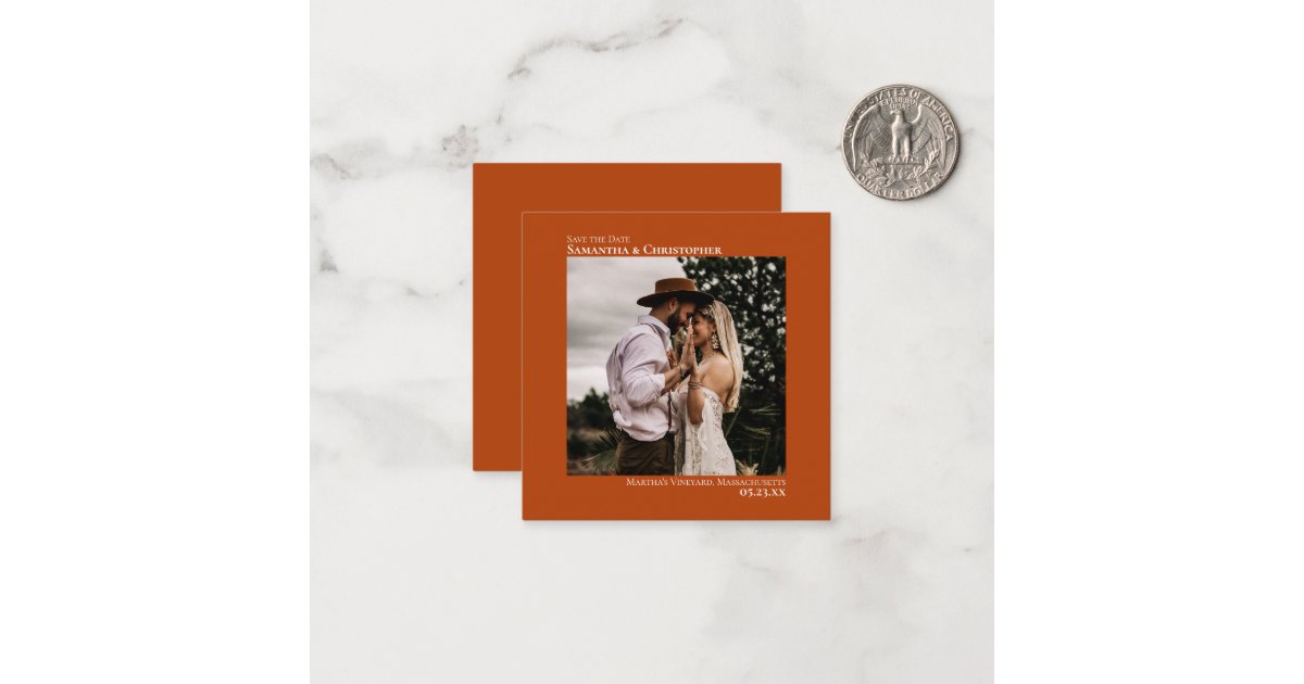Simple Rust Orange Wedding Save the Date Photo Note Card | Zazzle