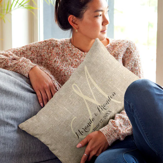 Simple Rustic Beige Burlap Monogram Wedding Lumbar Pillow | Zazzle