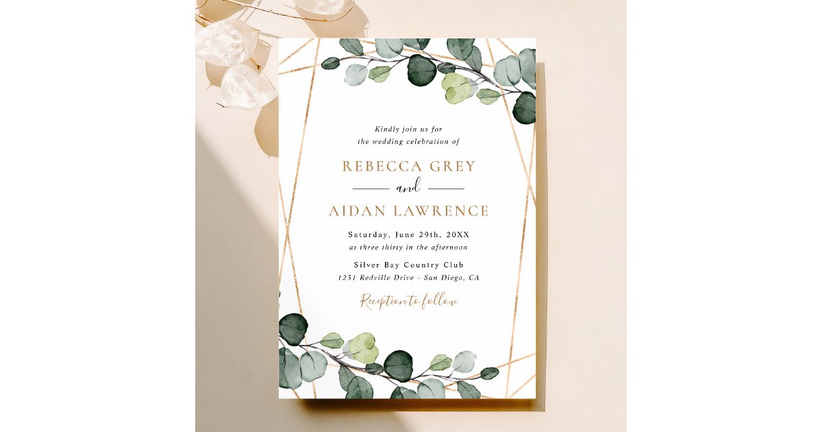 Simple Rustic Eucalyptus Greenery Gold Wedding Invitation | Zazzle