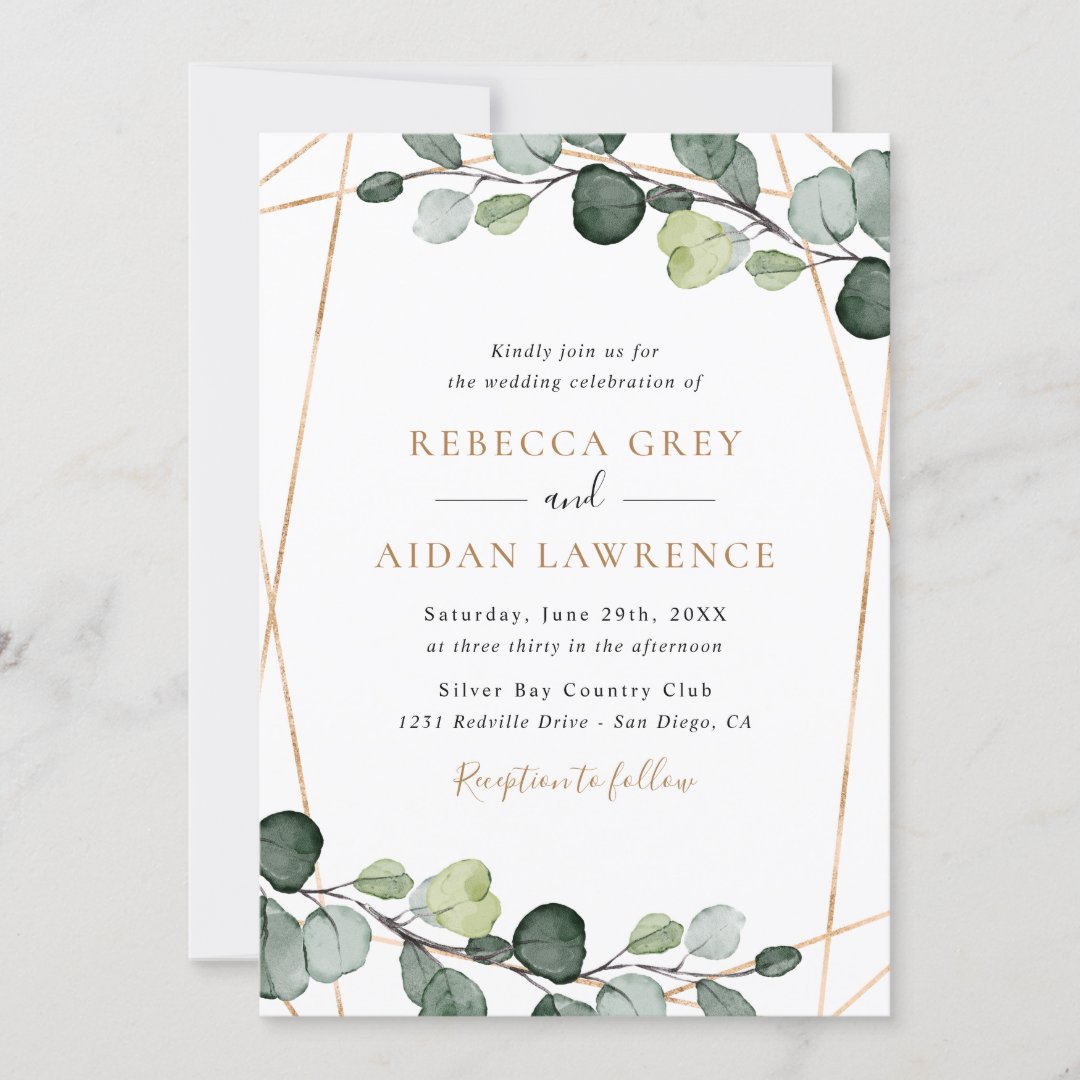 Simple Rustic Eucalyptus Greenery Gold Wedding Invitation | Zazzle