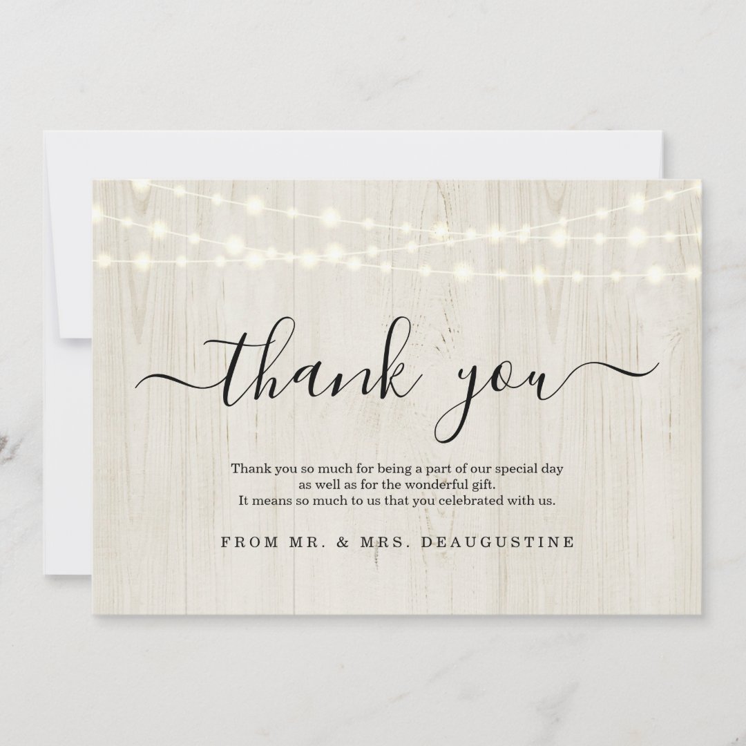 Simple Rustic Fairy Lights on Light Wood Thank You Card | Zazzle