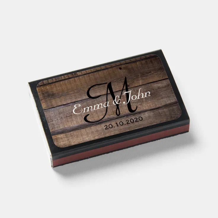 Simple Rustic Wood Monogram Wedding Personalised Matchboxes | Zazzle