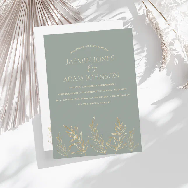 Simple Sage Green and Gold Leaves Wedding Invitation | Zazzle
