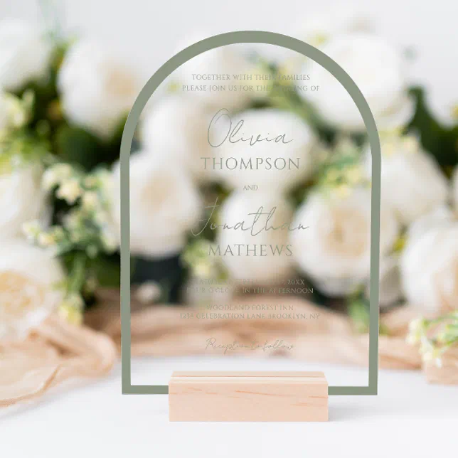 Simple Sage Green Border Script Wedding Arch Acrylic Invitations | Zazzle