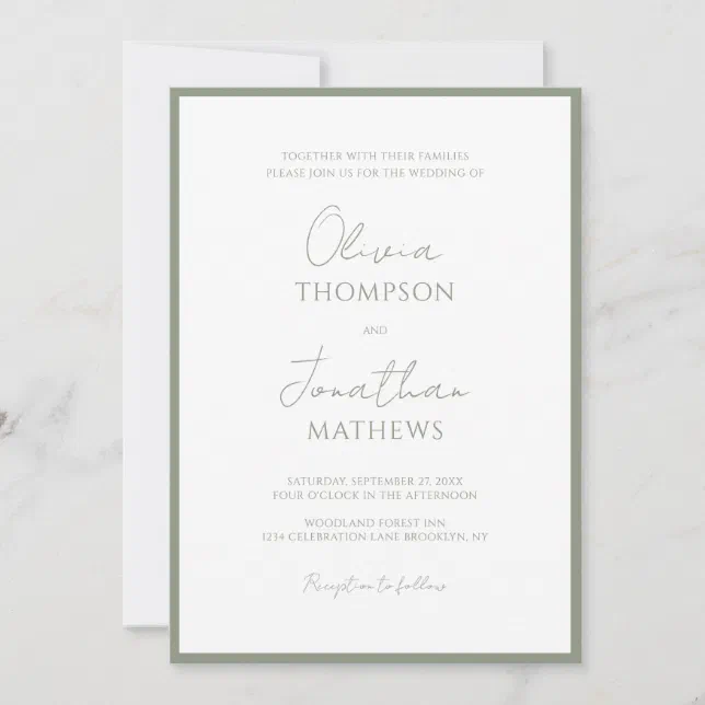 Simple Sage Green Border Script Wedding Invitation | Zazzle