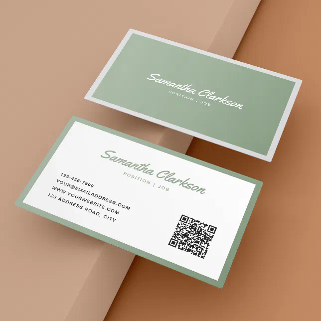 Simple Sage Green Cursive Script Border QR Code Business Card | Zazzle