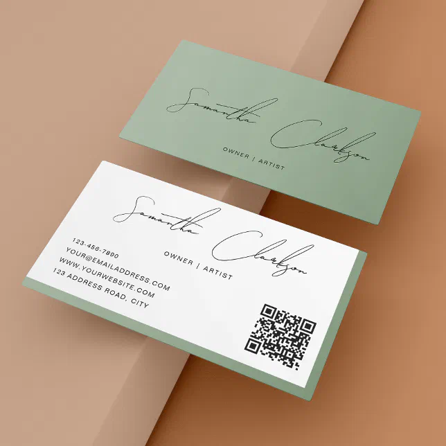 Simple Sage Green Handwritten Script QR code Business Card | Zazzle