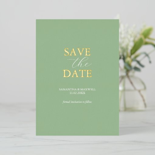 Simple Sage Green Save The Date Wedding Foil Invitation | Zazzle