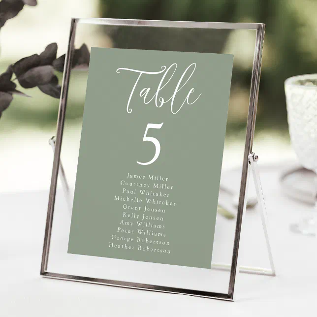 Simple Sage Green Table Number Seating Chart | Zazzle
