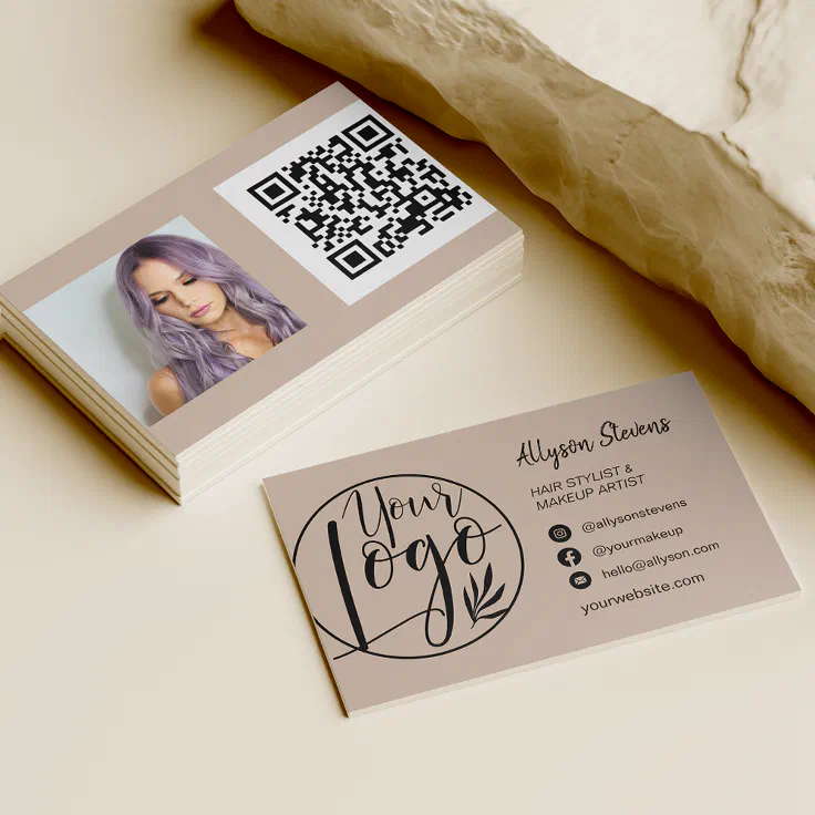 Simple sand tan hair makeup photo logo qr code business card | Zazzle