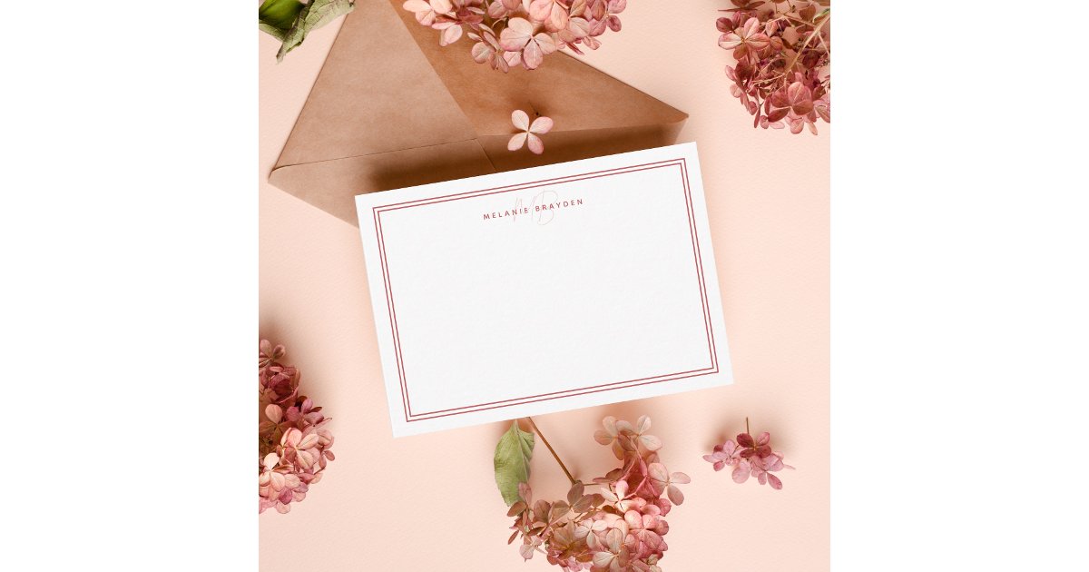 Simple Scarlet Minimalist Monogram Two Border Note Card | Zazzle