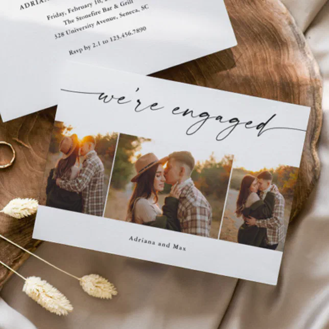 Simple Script 3 Photo Collage Wedding Engagement Invitation | Zazzle