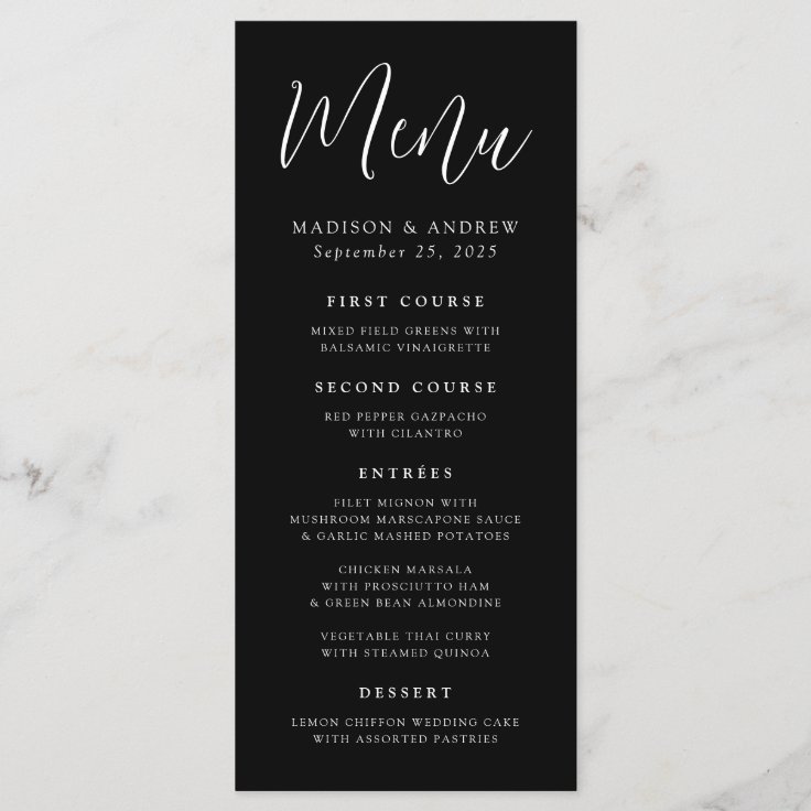Simple Script Black and White Wedding Menu | Zazzle