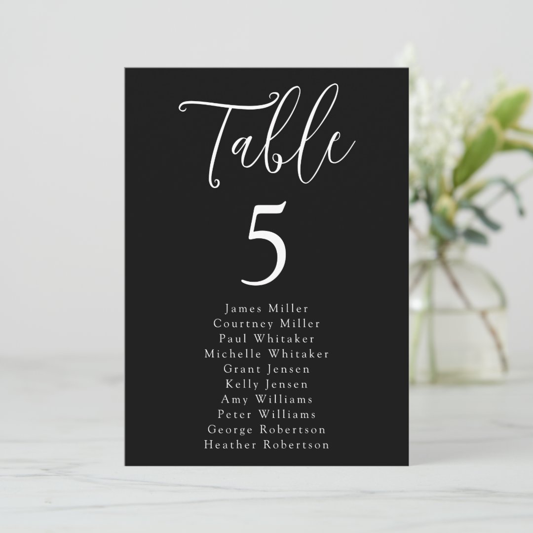 Simple Script Black Table Number Seating Chart | Zazzle