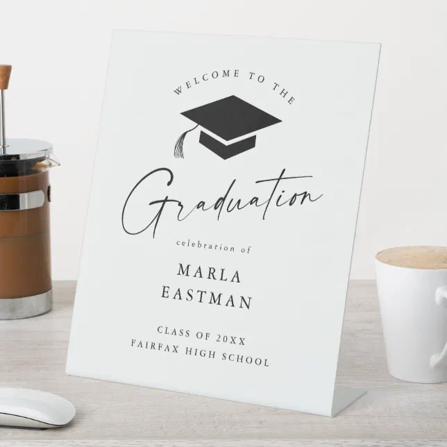 Simple Script Black & White Graduation Welcome Pedestal Sign | Zazzle