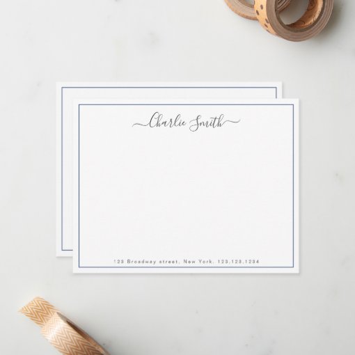 Simple script blue border personalized stationery note card | Zazzle