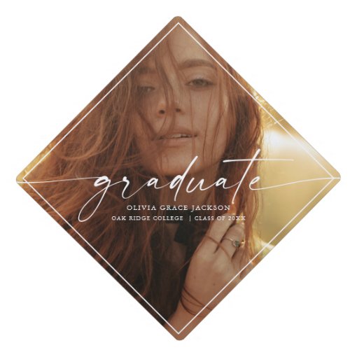 Simple Script & Border Photo Modern Trendy Graduation Cap Topper | Zazzle