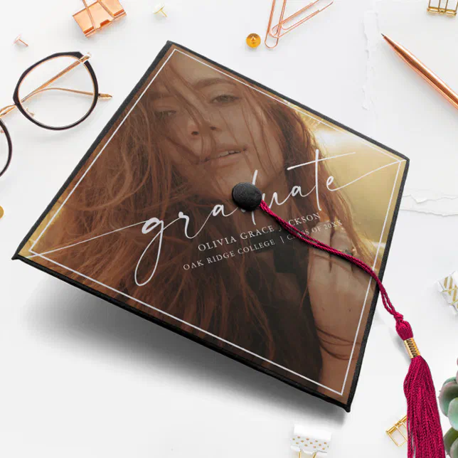Simple Script & Border Photo Modern Trendy Graduation Cap Topper | Zazzle