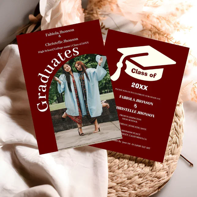 Simple script burgundy double graduation announcement | Zazzle