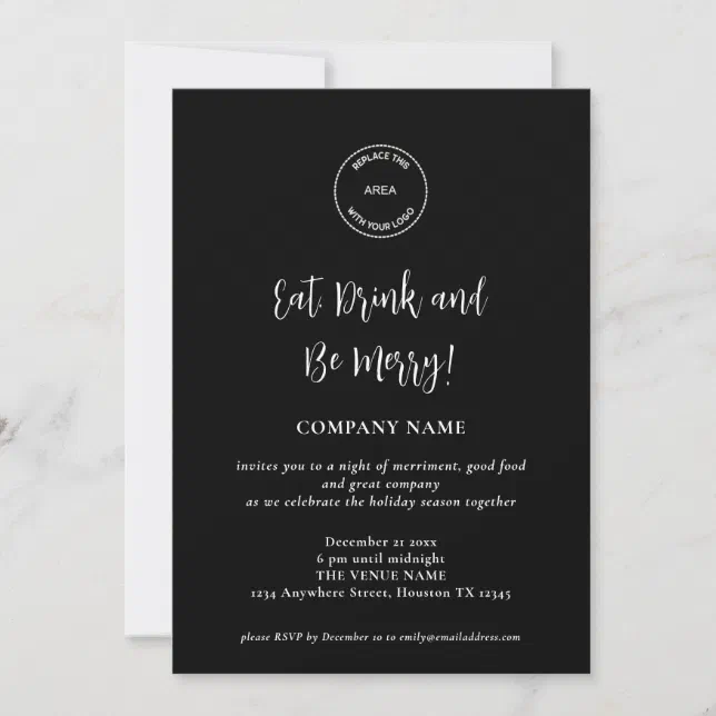 Simple Script Company Logo Christmas Party Black Invitation | Zazzle