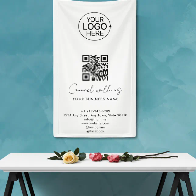 Simple Script Connect With Us Logo QR Code Promo Banner | Zazzle