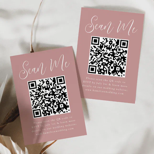 Simple Script Dusty Rose QR Code Wedding RSVP Enclosure Card | Zazzle