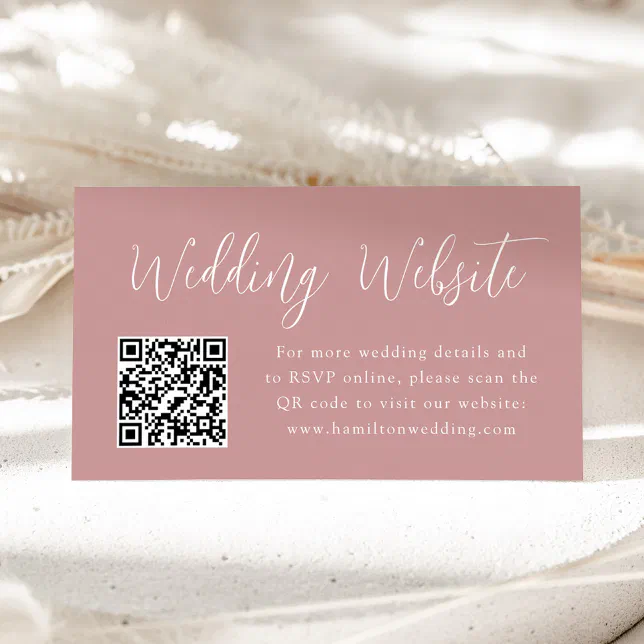 Simple Script Dusty Rose Wedding Website QR Code Enclosure Card | Zazzle