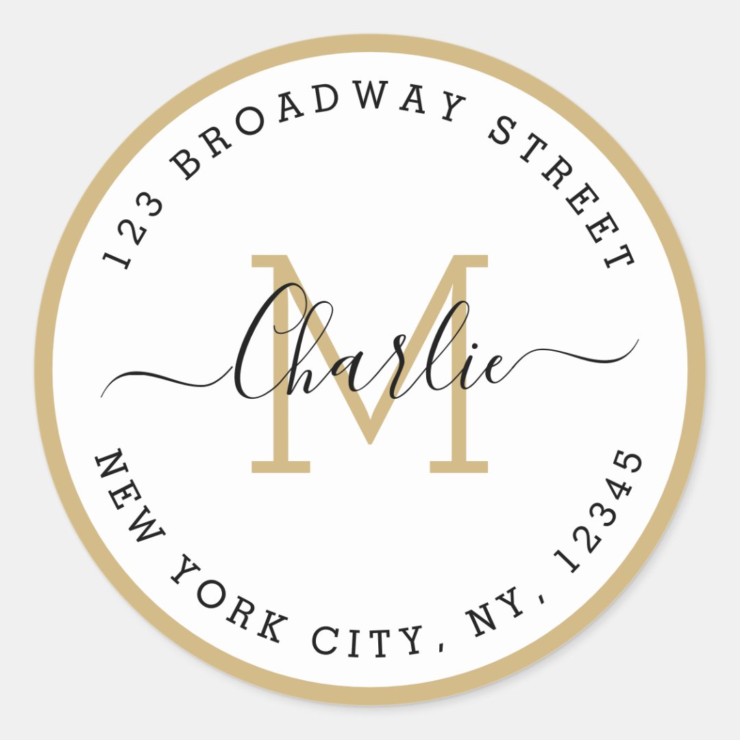 Simple script gold border monogram return address classic round sticker ...