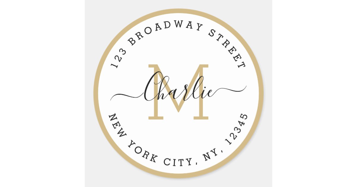 Simple script gold border monogram return address classic round sticker ...