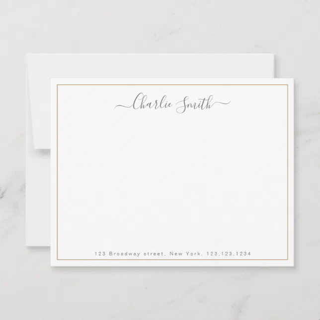 Simple script gold border personalized stationery note card | Zazzle