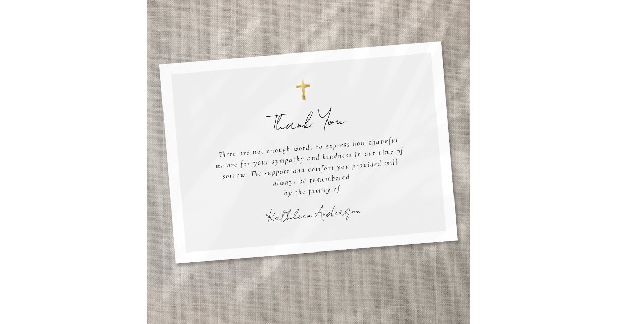 Simple Script Gold Cross Sympathy Funeral Thank You Card | Zazzle