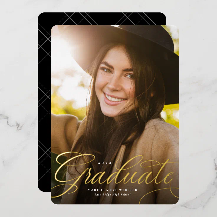Simple script gold graduate vertical graduation foil invitation | Zazzle