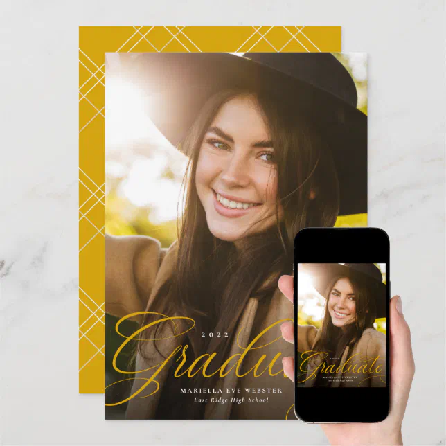 Simple script graduate elegant gold graduation announcement | Zazzle