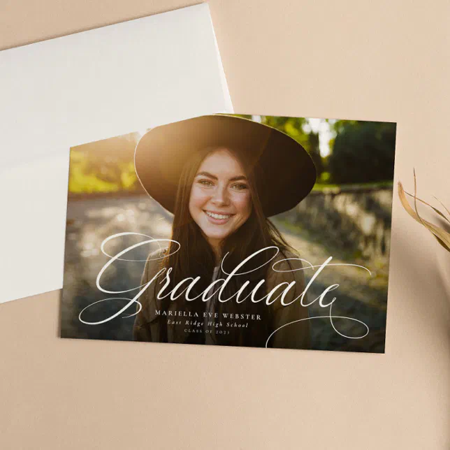 Simple script graduate horizontal graduation announcement | Zazzle