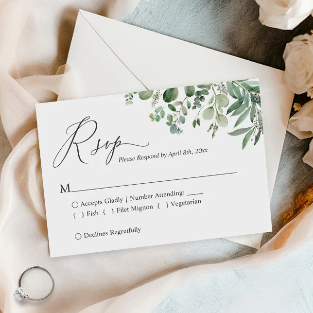 Simple Script Greenery Eucalyptus Foliage Wedding RSVP Card | Zazzle