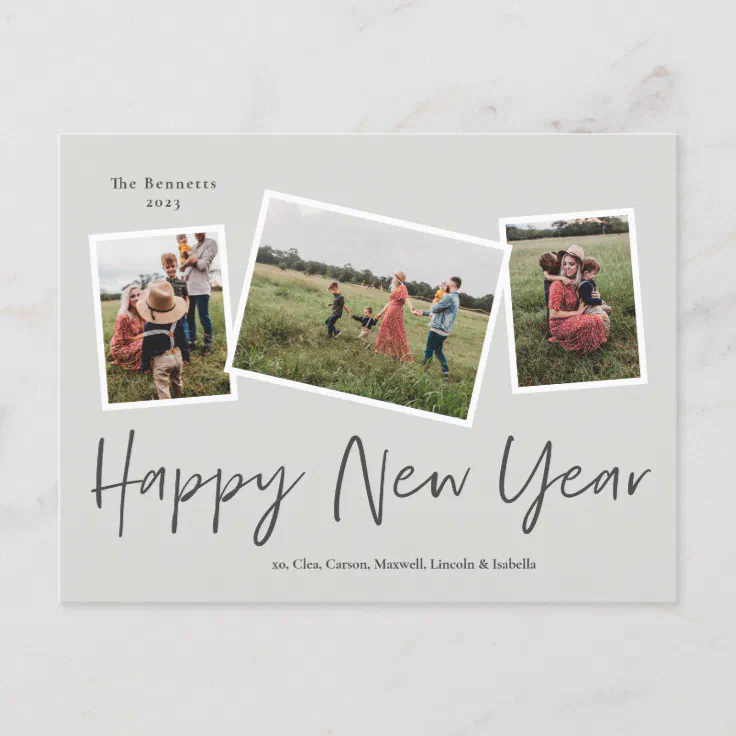 Simple Script Happy New Year 3 Photo Collage Holiday Postcard | Zazzle