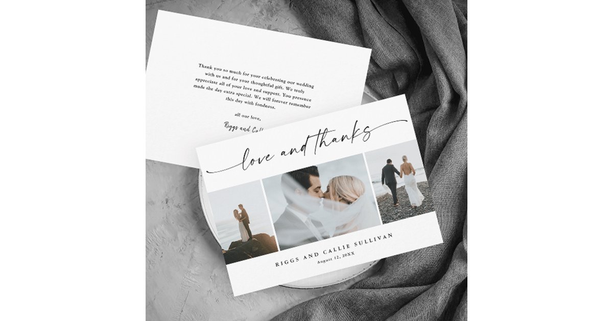 Simple Script Love and Thanks 3 Photo Wedding Thank You Card | Zazzle