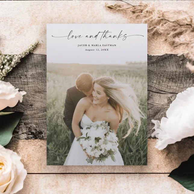 Simple Script Love and Thanks Photo Wedding Thank You Card | Zazzle