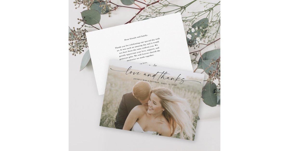 Simple Script Love and Thanks Photo Wedding Thank You Card | Zazzle